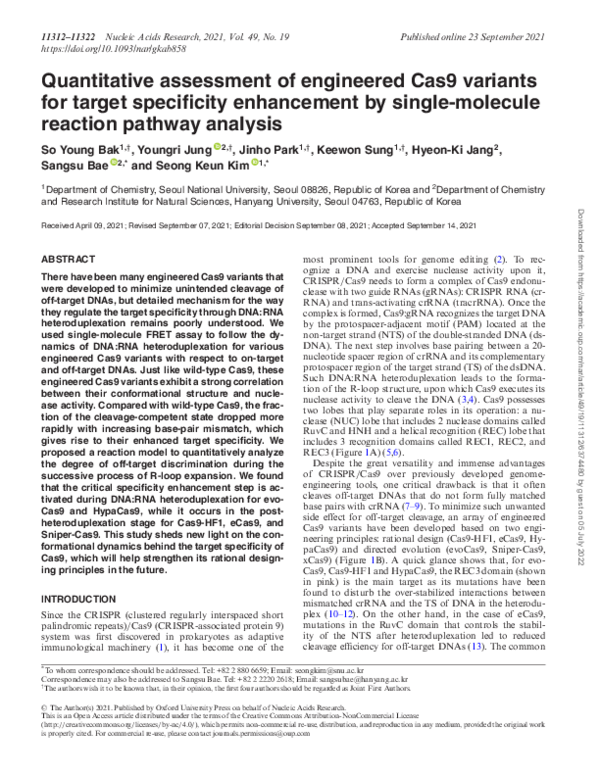 (PDF) Quantitative assessment of engineered Cas9 variants for target specificity enhancement by ...