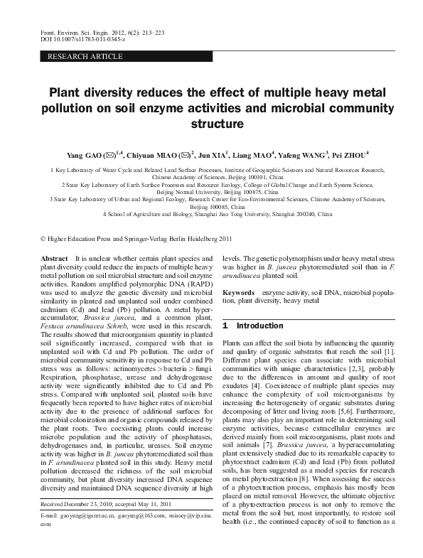 (PDF) Plant diversity reduces the effect of multiple heavy metal pollution on soil enzyme ...