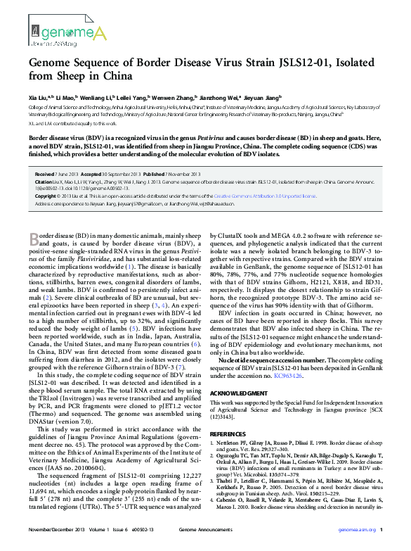 (PDF) Genome Sequence of Border Disease Virus Strain JSLS12-01 ...