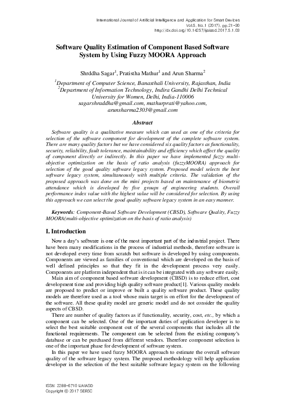 (PDF) Software Quality Estimation of Component Based Software System by Using Fuzzy MOORA ...