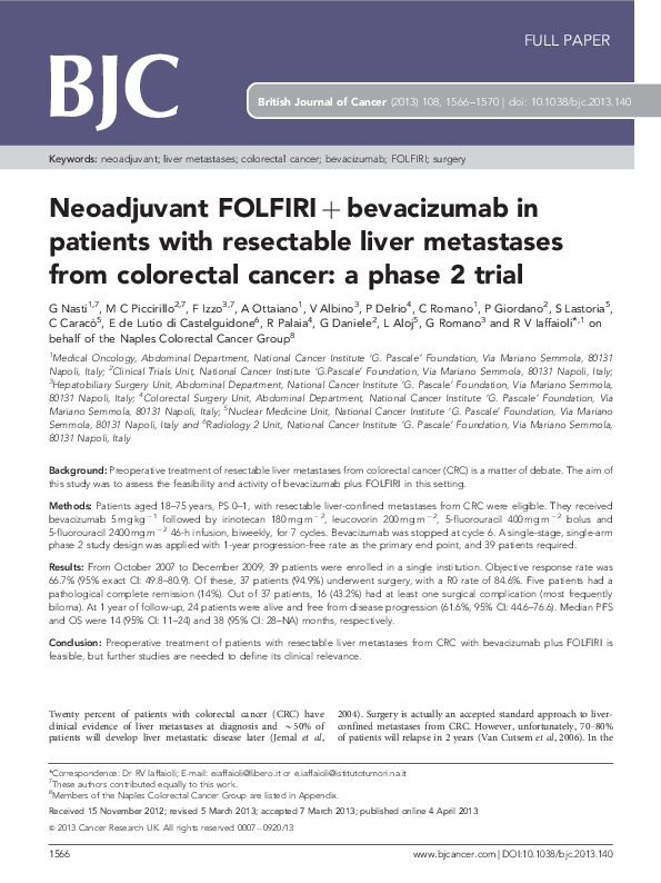 (PDF) Neoadjuvant FOLFIRI+bevacizumab in patients with resectable liver ...