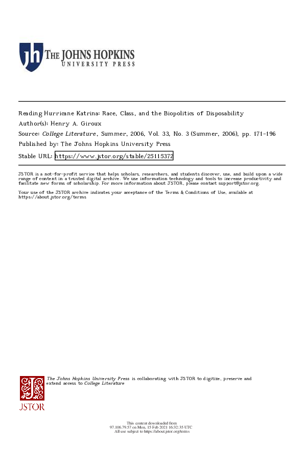 (PDF) Reading Hurricane Katrina: Race, Class, and the Biopolitics of ...
