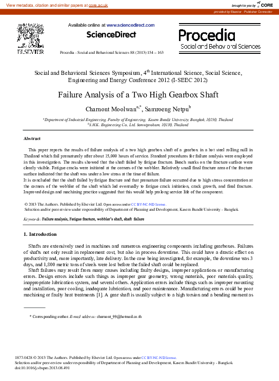 (PDF) Failure Analysis of a Two High Gearbox Shaft