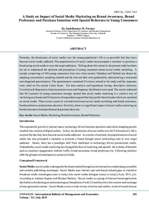 (PDF) A Study on Impact of Social Media Marketing on Brand Awareness, Brand Preference and ...