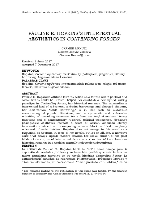 (PDF) Pauline E. Hopkins´s Intertextual Aesthetics in "Contending Forces