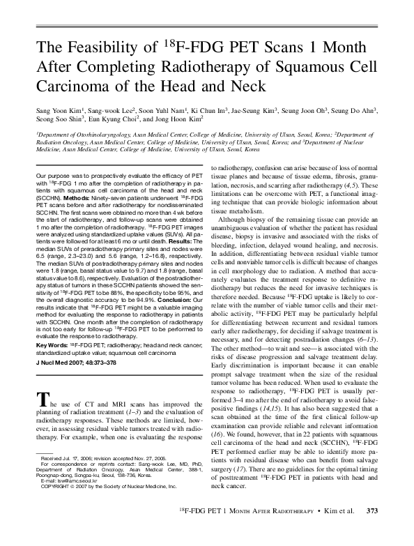 (PDF) The Feasibility of 18F-FDG PET scans 1 month after completing radiotherapy of squamous ...