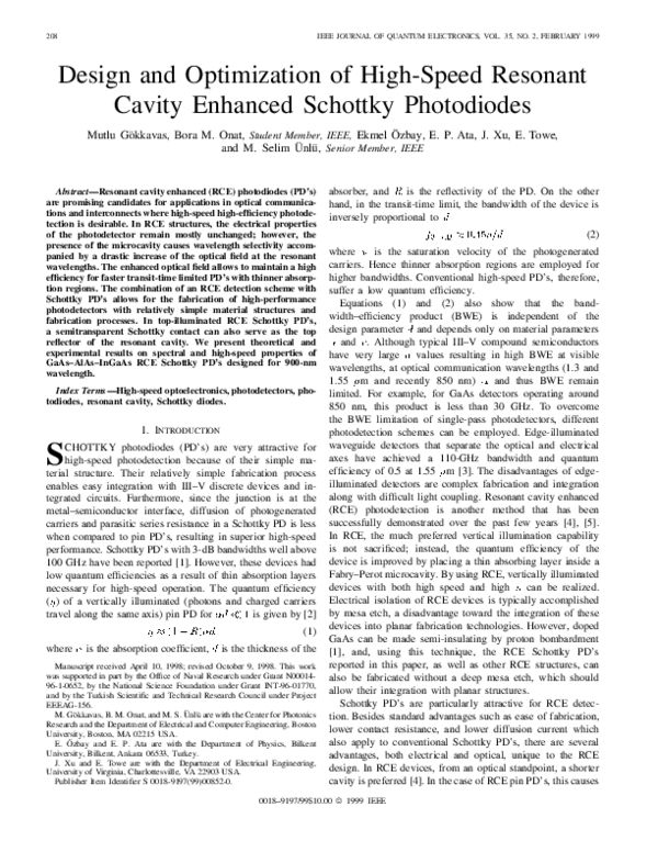 (PDF) Design and optimization of high-speed resonant cavity enhanced Schottky photodiodes ...