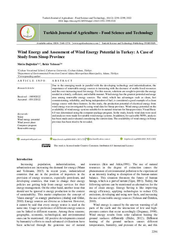 (PDF) Wind Energy and Assessment of Wind Energy Potential in Turkey: A Case of Study from Sinop ...