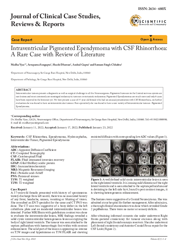 (PDF) Intraventricular Pigmented Ependymoma with CSF Rhinorrhoea: A ...