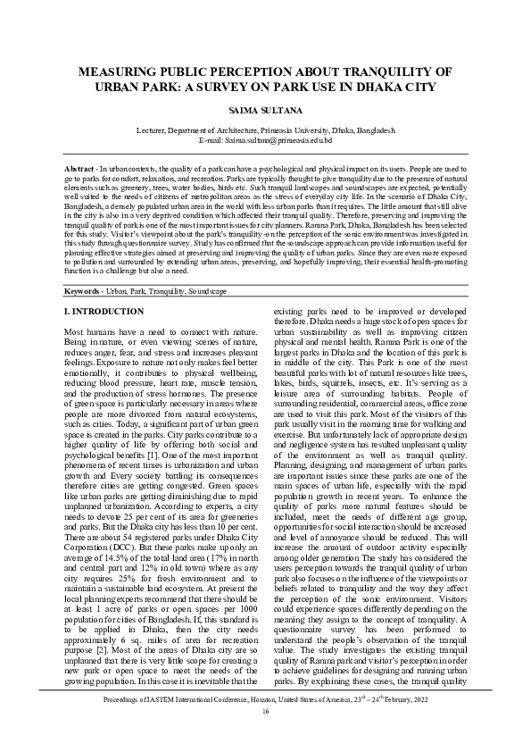 (PDF) MEASURING PUBLIC PERCEPTION ABOUT TRANQUILITY OF URBAN PARK: A ...
