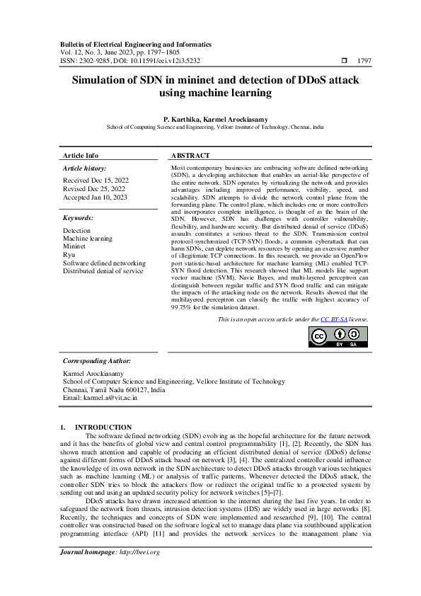 Pdf Simulation Of Sdn In Mininet And Detection Of Ddos Attack Using Machine Learning 