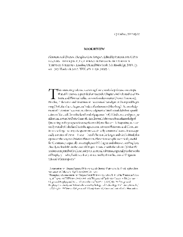 (PDF) Ilaria Ramelli, Review of Platonism and Christian Thought in Late ...