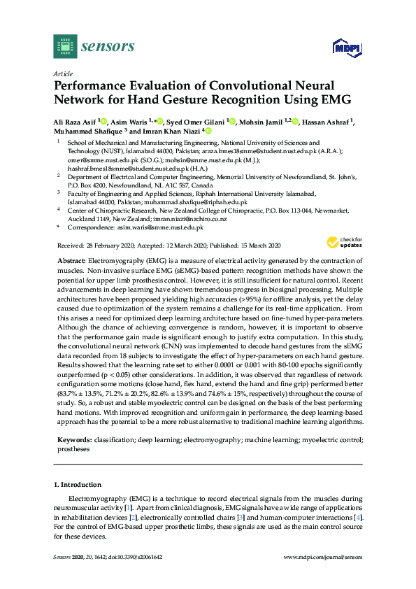 (PDF) Performance Evaluation of Convolutional Neural Network for Hand Gesture Recognition Using EMG