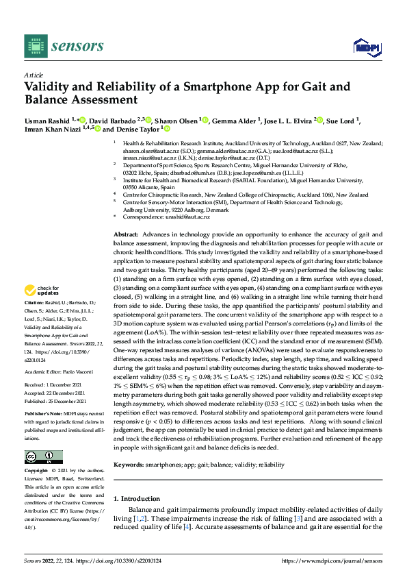 (PDF) Validity and Reliability of a Smartphone App for Gait and Balance Assessment