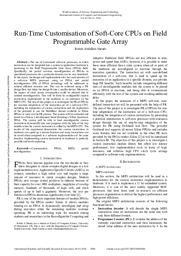 (PDF) Run-Time Customisation Of Soft-Core Cpus On Field Programmable Gate Array