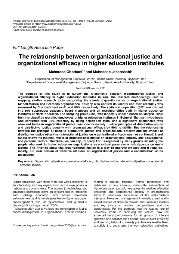 (PDF) The relationship between organizational justice and organizational efficacy in higher ...