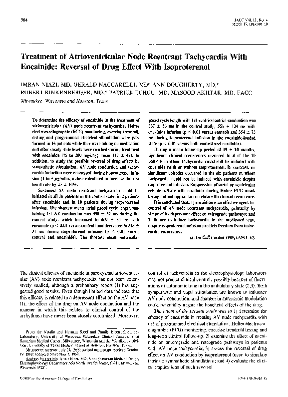 (PDF) Treatment of atrioventricular node reentrant tachycardia with encainide: Reversal of drug ...