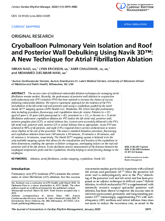 (PDF) Cryoballoon Pulmonary Vein Isolation and Roof and Posterior Wall Debulking Using Navik 3D ...