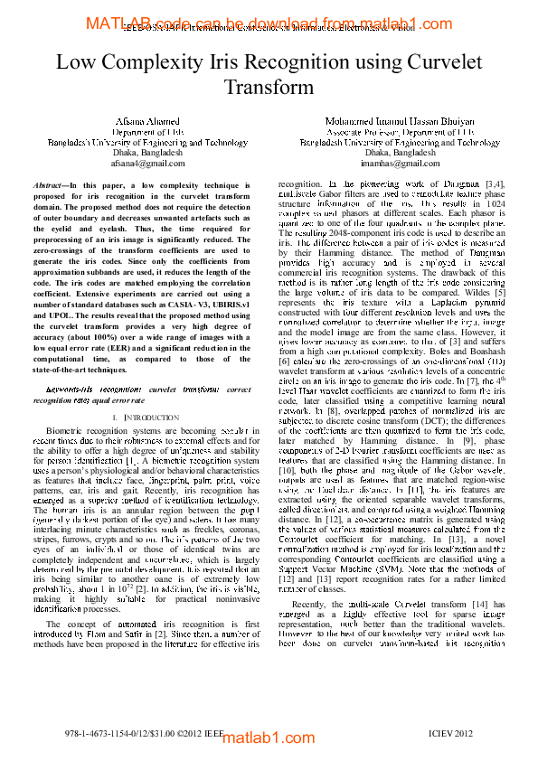 Pdf Low Complexity Iris Recognition Using Curvelet Transform Afsana Ahamed