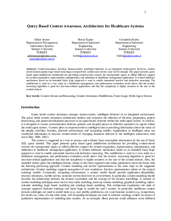 (PDF) Query Based Context Awareness Architecture for Healthcare Systems
