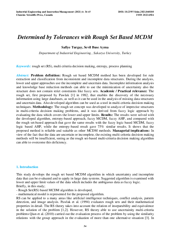 (PDF) Determined by Tolerances with Rough Set Based MCDM