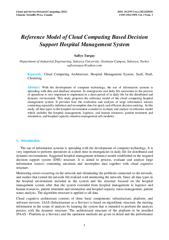 (PDF) Reference Model of Cloud Computing Based Decision Support Hospital Management System