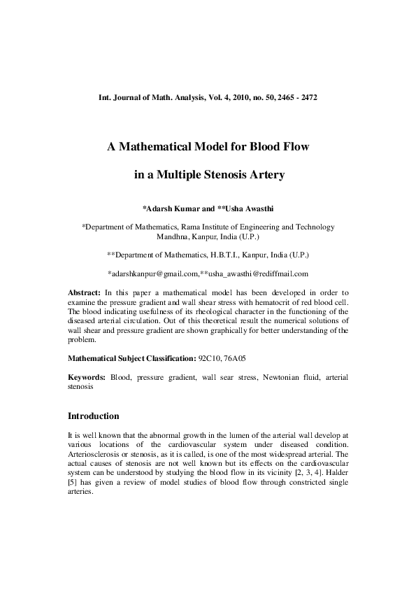 (PDF) A Mathematical Model for Blood Flow in a Multiple Stenosis Artery