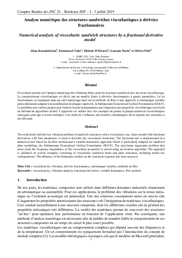 (PDF) Analyse numérique des structures sandwiches viscoélastiques à dérivées fractionnaires ...