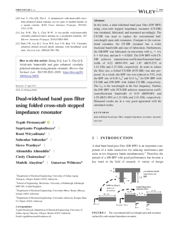 (PDF) Dual-wideband band pass filter using folded cross-stub stepped ...