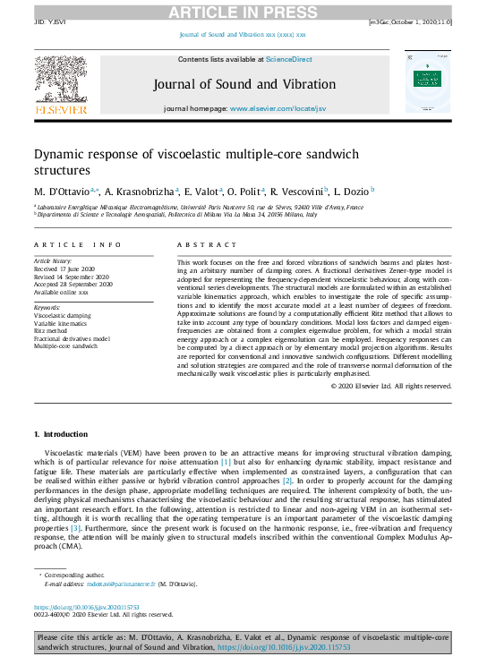 (PDF) Dynamic response of viscoelastic multiple-core sandwich structures