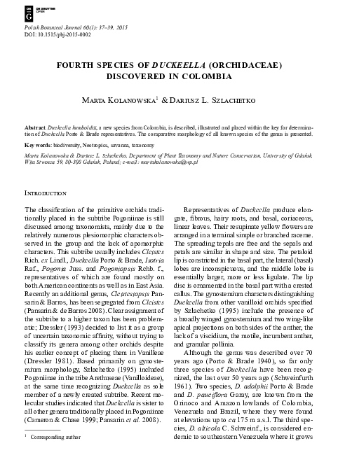 (PDF) Fourth species of Duckeella (Orchidaceae) discovered in Colombia