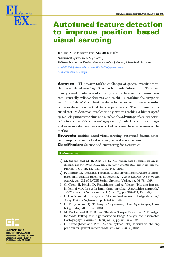 (PDF) Autotuned feature detection to improve position based visual servoing