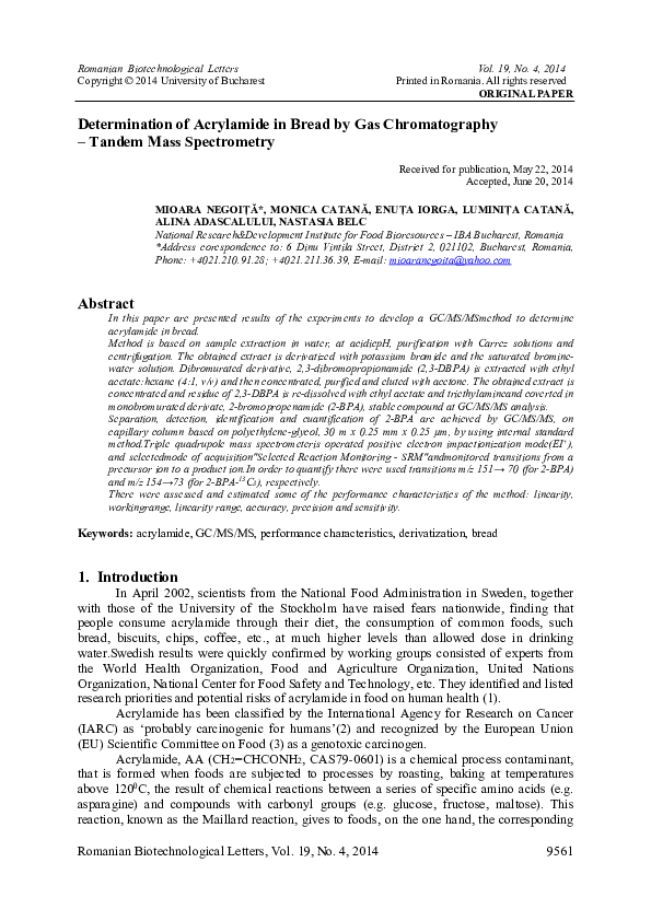 (PDF) Determination of Acrylamide in Bread by Gas Chromatography ...