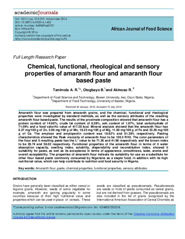 (PDF) Chemical, functional, rheological and sensory properties of amaranth flour and amaranth ...