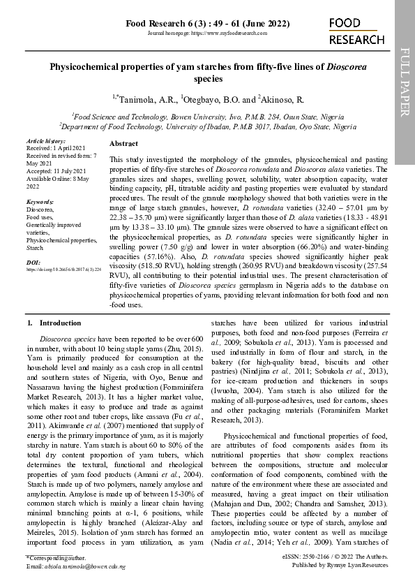 (PDF) Physicochemical properties of yam starches from fifty-five lines of Dioscorea species