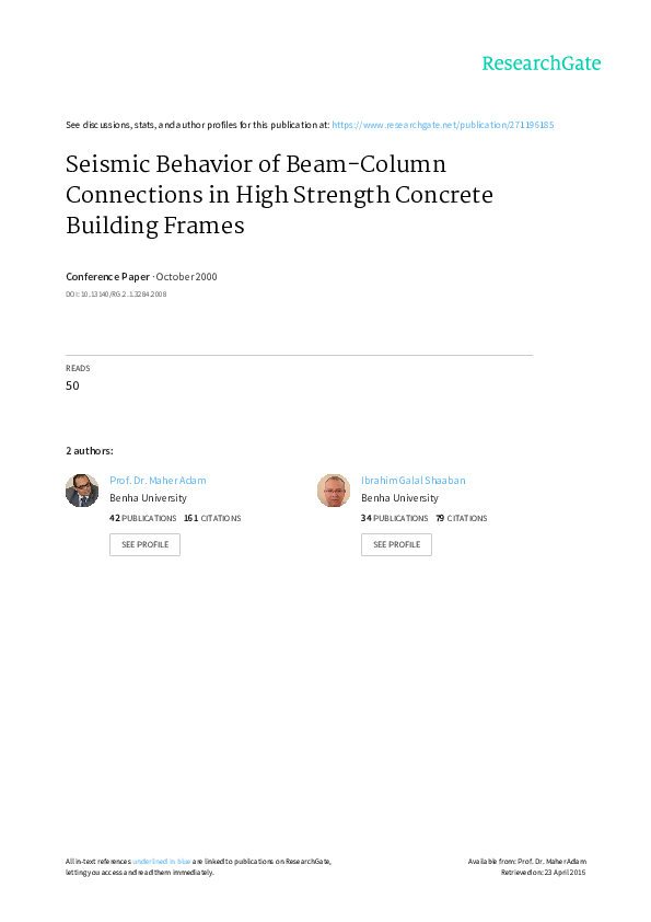 (PDF) Seismic Behaviour of Beam-Column Connections in High Strength Concrete Building Frames