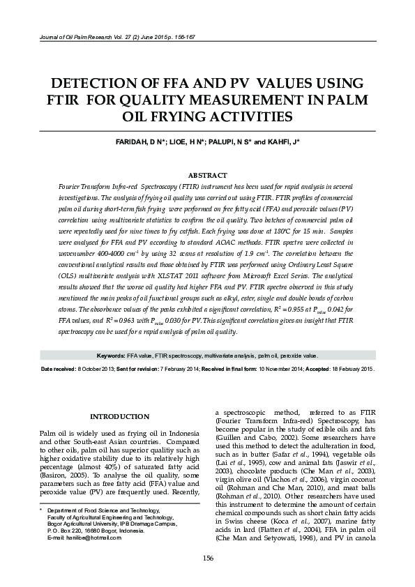 (PDF) Detection of Ffa and PV Values Using Ftir for Quality Measurement ...
