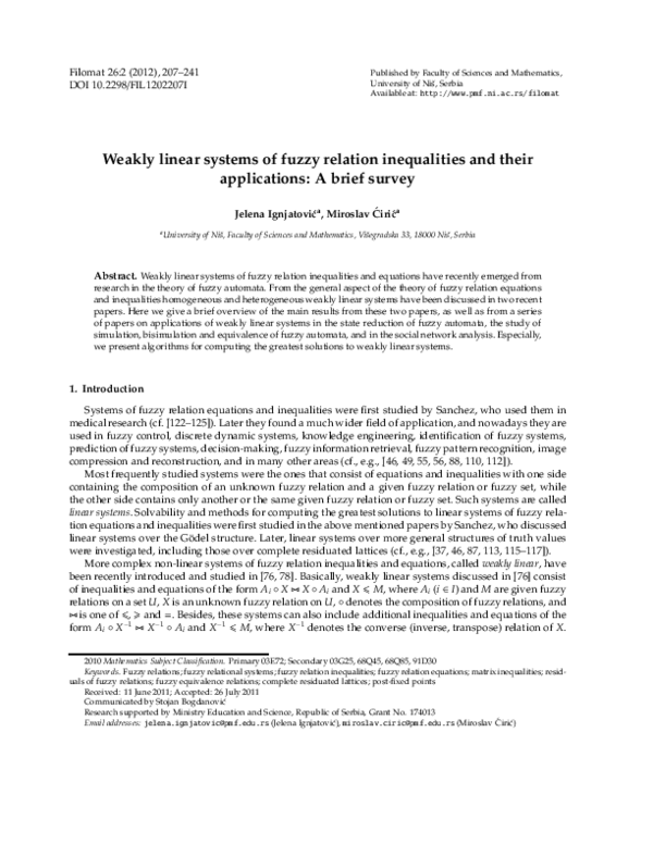 (PDF) Weakly linear systems of fuzzy relation inequalities and their applications: A brief survey