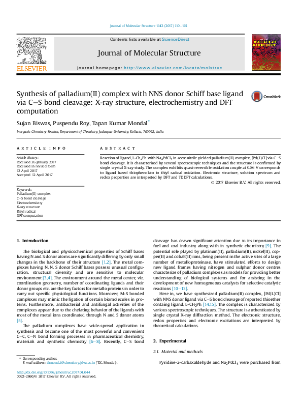 (PDF) Synthesis of palladium(II) complex with NNS donor Schiff base ligand via C S bond cleavage ...