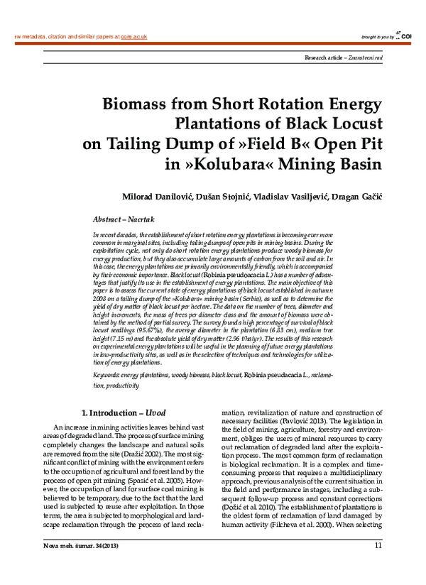 (PDF) Biomass from Short Rotation Energy Plantations of Black Locust on Tailing Dump of "Field B ...