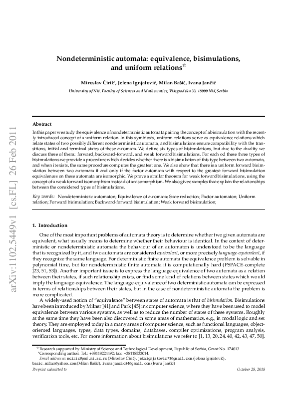 Pdf Nondeterministic Automata Equivalence Bisimulations And Uniform Relations Ivana 2473