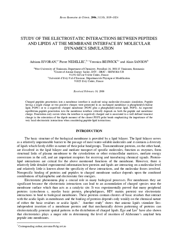(PDF) Study of the Electrostatic Interactions Between Peptides and Lipids at the Membrane ...