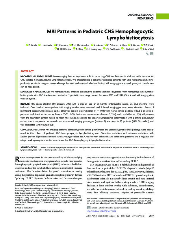 (PDF) MRI Patterns in Pediatric CNS Hemophagocytic Lymphohistiocytosis