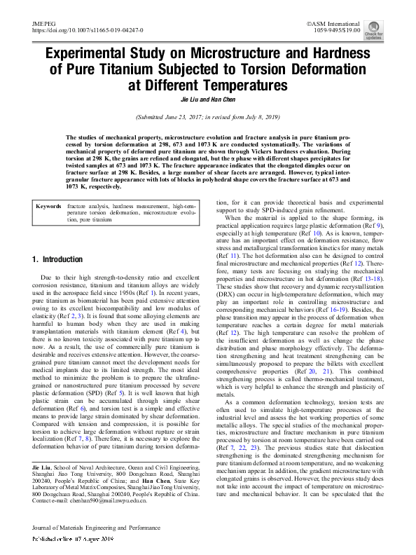 (PDF) Experimental Study on Microstructure and Hardness of Pure Titanium Subjected to Torsion ...