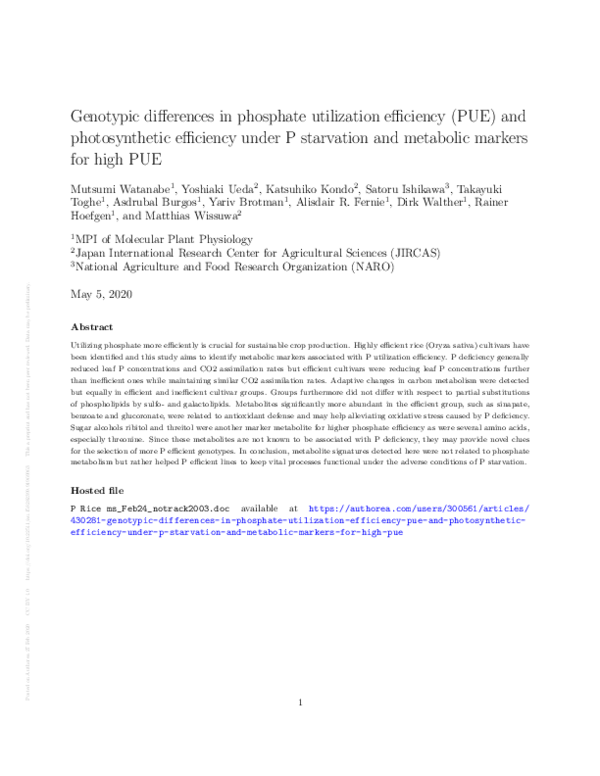 (PDF) Genotypic differences in phosphate utilization efficiency (PUE) and photosynthetic ...