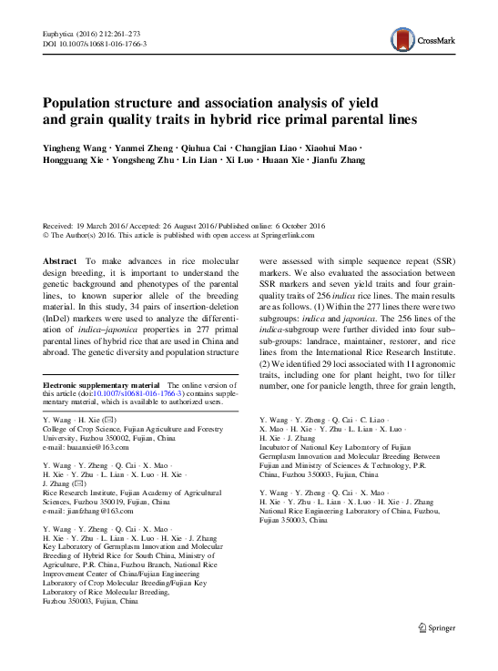 (PDF) Population structure and association analysis of yield and grain quality traits in hybrid ...