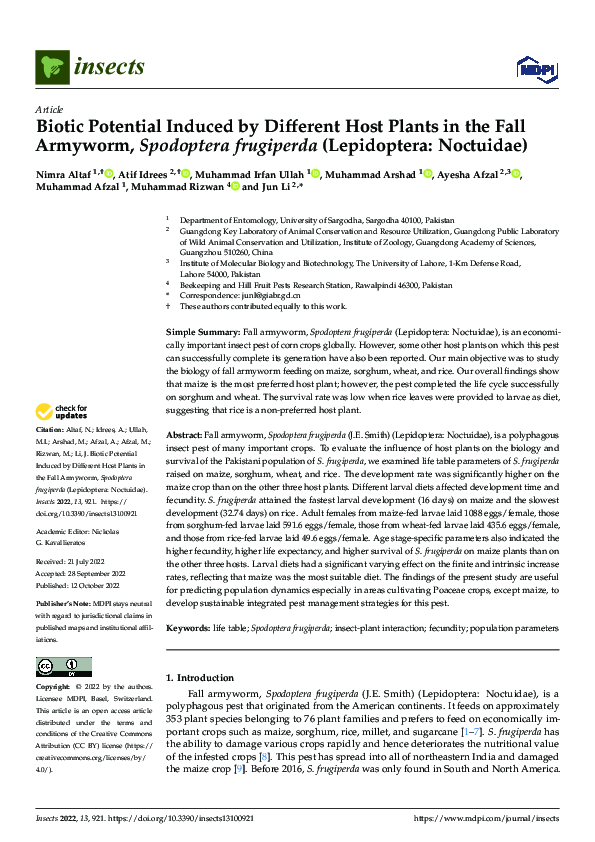 (PDF) Biotic Potential Induced by Different Host Plants in the Fall ...
