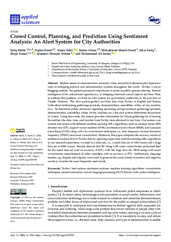 (PDF) Crowd Control, Planning, and Prediction Using Sentiment Analysis: An Alert System for City ...