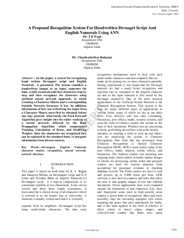 Pdf A Proposed Recognition System For Handwritten Devnagri Script And English Numerals Using Ann 6714