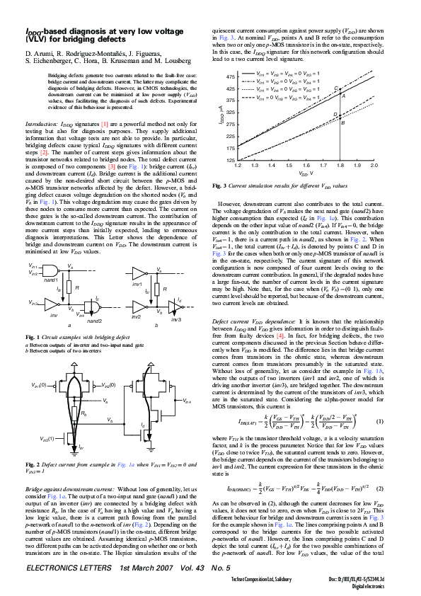 Pdf Iddq Based Diagnosis At Very Low Voltage Vlv For Bridging Defects R Rodriguez